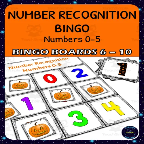 Halloween Number Recognition 0-5 Bingo - Boards 6-10 by Teach Simple