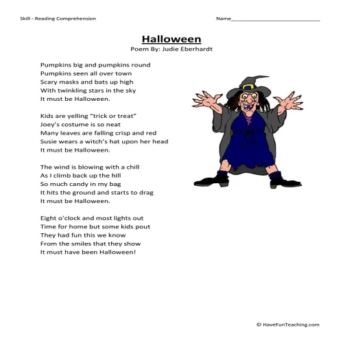 Halloween Poem Reading Comprehension Worksheet by Teach Simple