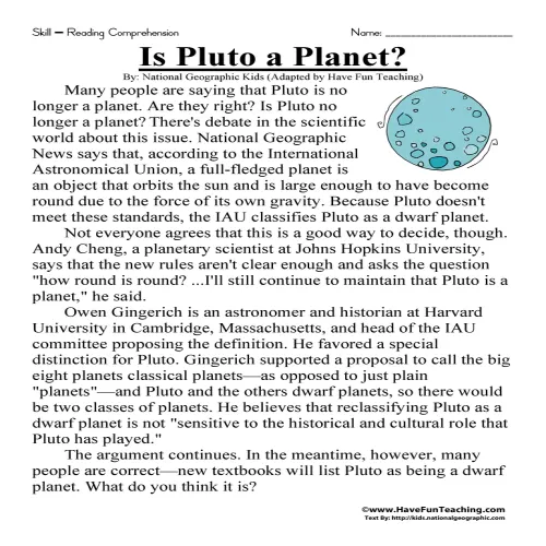Is Pluto a Planet? Reading Comprehension Worksheet by Teach Simple