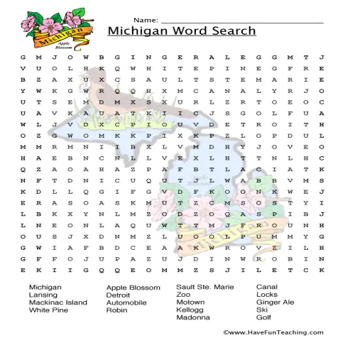 Michigan Word Search Worksheet by Teach Simple