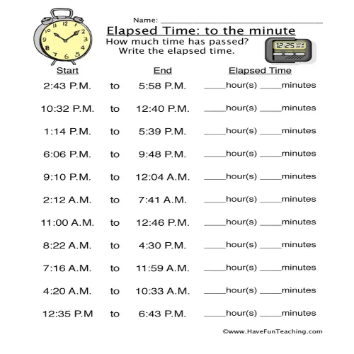 Minute Elapsed Time Worksheet by Teach Simple