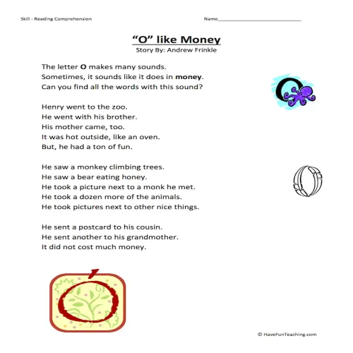 O Like Money Reading Comprehension Worksheet by Teach Simple