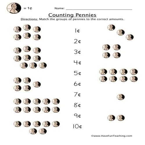 Pennies Matching Worksheet by Teach Simple