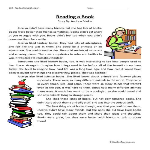 Reading a Book Reading Comprehension Worksheet by Teach Simple