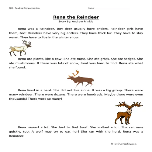 Rena the Reindeer Reading Comprehension Worksheet by Teach Simple