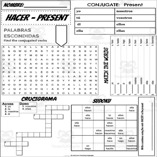 Spanish: Verb HACER Conjugation Worksheet by Teach Simple
