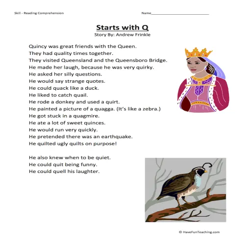 Starts With Q Reading Comprehension Worksheet by Teach Simple