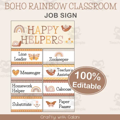 Student's Job Sign in Boho Rainbow Theme - 100% Editable by Teach Simple