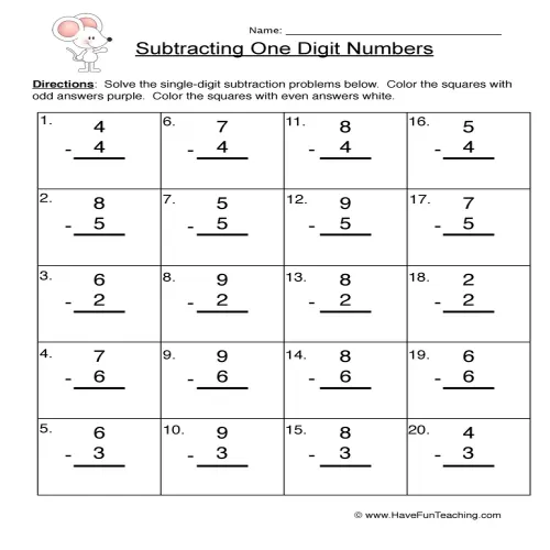 Subtract Single Digit Worksheet by Teach Simple