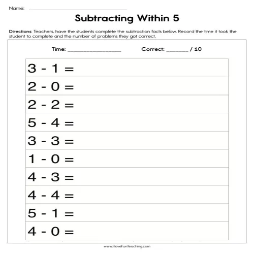 Subtracting Within 5 Worksheet by Teach Simple
