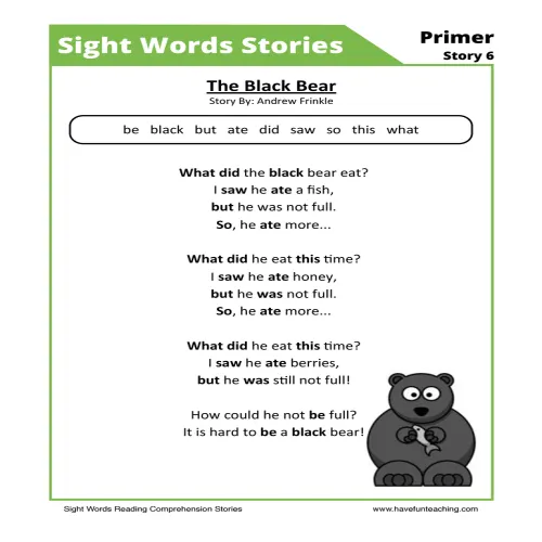 The Black Bear Primer Sight Words Reading Comprehension Worksheet by ...