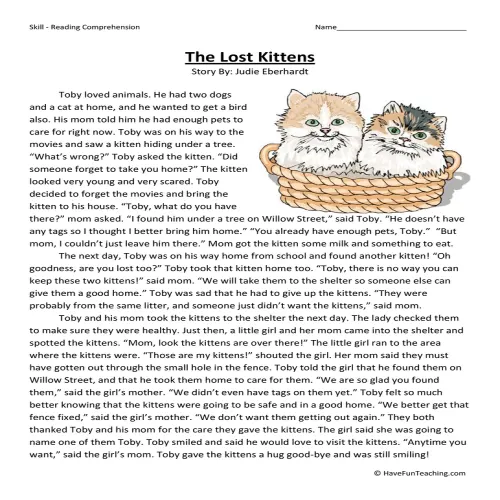 The Lost Kittens Reading Comprehension Worksheet by Teach Simple