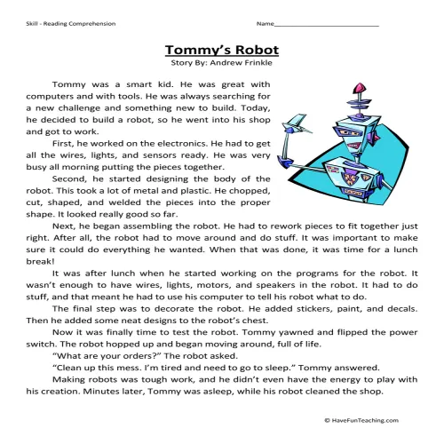 Tommy's Robot Reading Comprehension Worksheet by Teach Simple