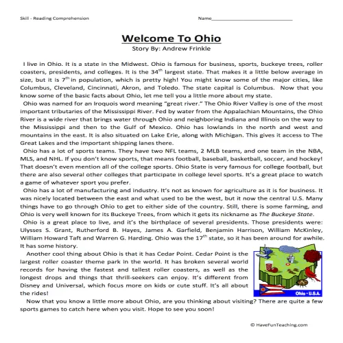 Welcome to Ohio Reading Comprehension Worksheet by Teach Simple Welcome to Ohio Reading Comprehension Worksheet by Teach Simple