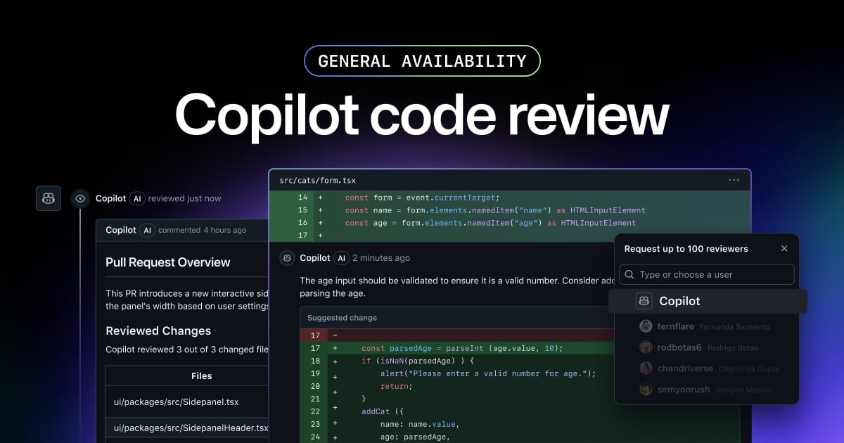 GitHub Copilot code review が一般公開、AIによるコードレビューの一部自動化を実現 — 自動レビューのみならず、Copilotを明示的にレビュアーに指定も可能