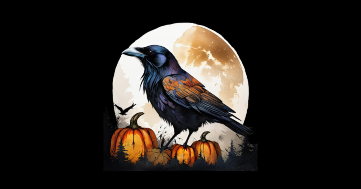 Spooky Raven with Pumpkins and Full Moon Halloween - Halloween Raven ...