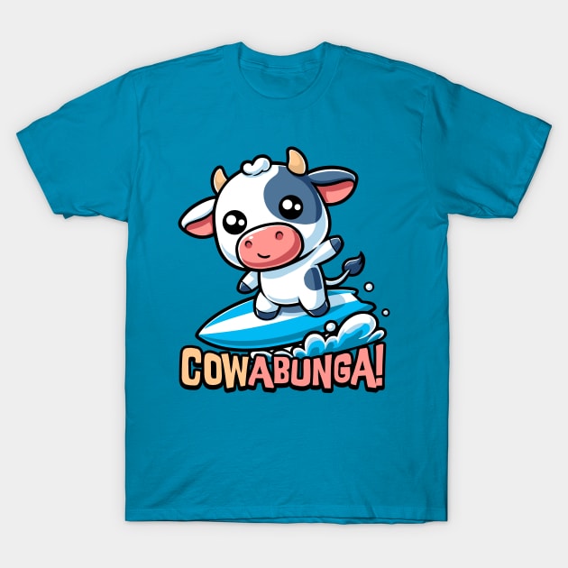 Cowabunga! Cute Surfing Cow Pun - Surfing Cow - T-Shirt | TeePublic