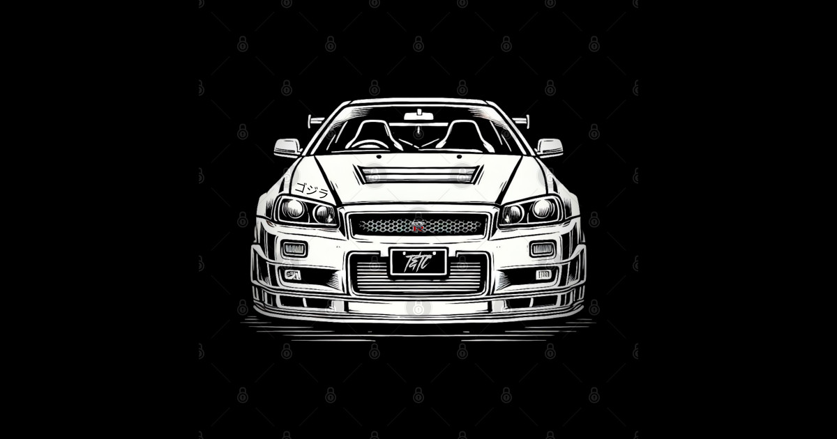 R34 Nissan Skyline GT-R Minimalist Aggressive Front View, Line Art ...