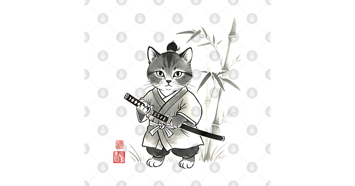 Samurai Cat Japanese Sumi-e Art - Cat Japanese - T-Shirt | TeePublic