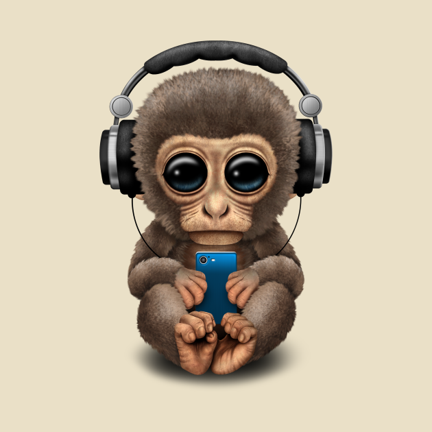 Cute Baby Monkey With Cell Phone Wearing Headphones - Monkey - Pin ...