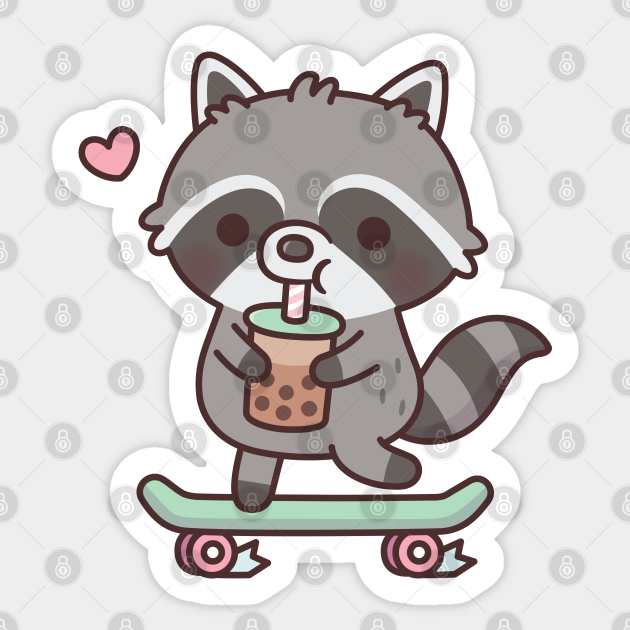Cute Skateboarding Raccoon Drinking Boba Tea - Cute Raccoon - Sticker ...