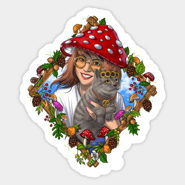 Hippie Mushroom Cat - Mushroom Cat - Sticker | TeePublic