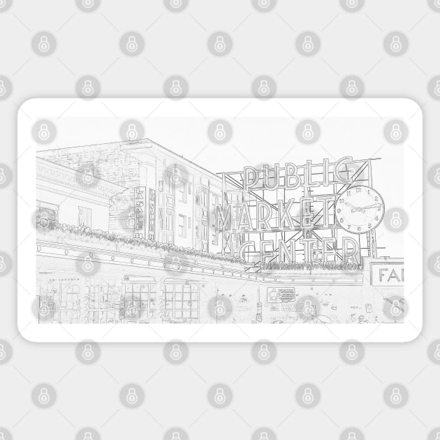 Pike Place Market Line Drawing - Pikeplacemarket - Sticker | TeePublic