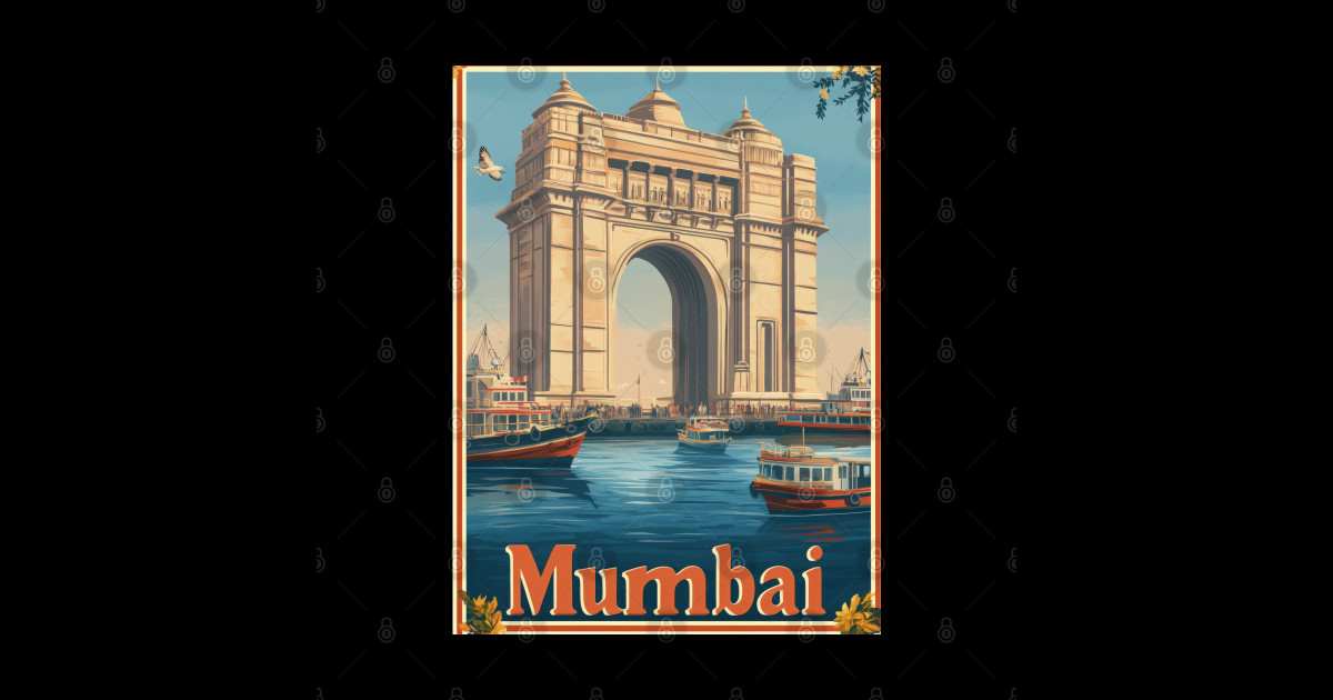 The vintage travel poster features the iconic Gateway of India ...
