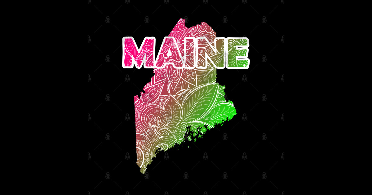 Colorful mandala art map of Maine with text in pink and green - Maine ...