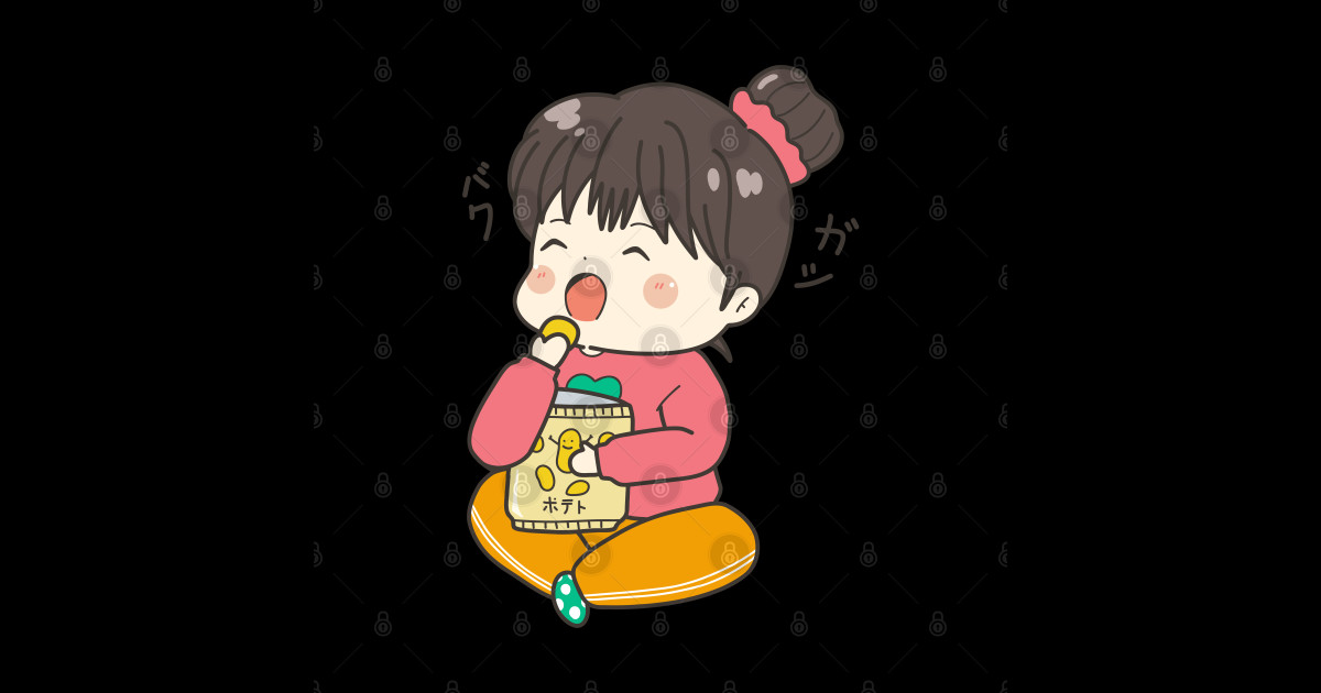 Kawaii Drawing of an Anime Chibi Girl Relaxing Eating Chips - Homebody ...