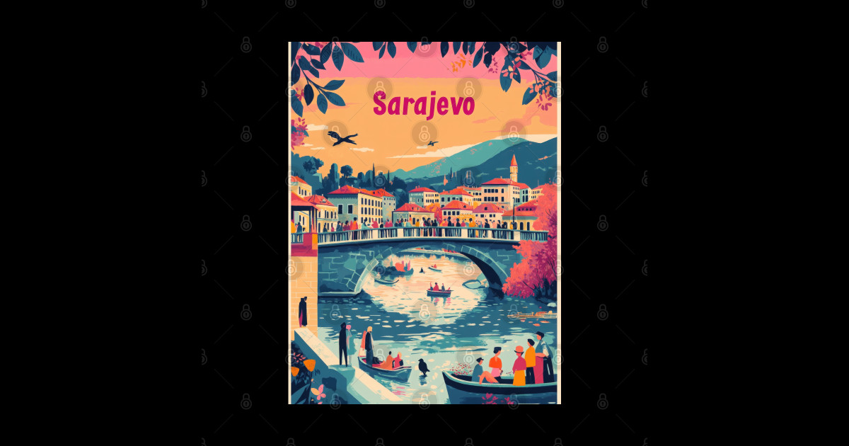 A vibrant illustration of Sarajevo showcases a busy bridge filled with ...