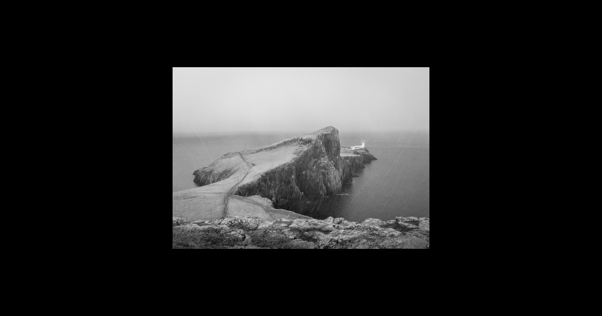 Neist Point snow storm black and white - Neist Point - Sticker | TeePublic