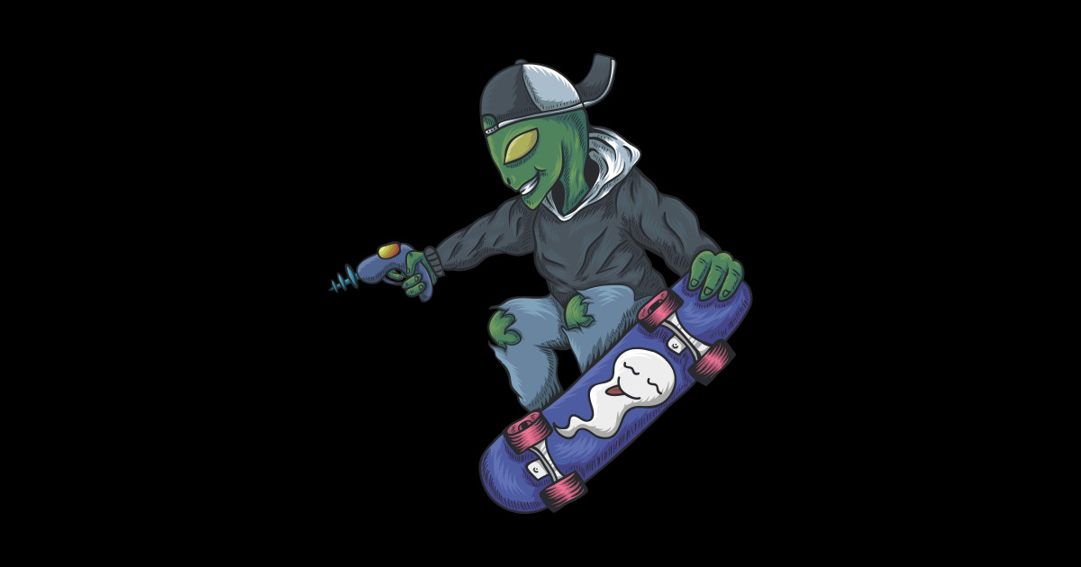 Alien Skateboarder with Ray Gun - Alien Skater - Sticker | TeePublic