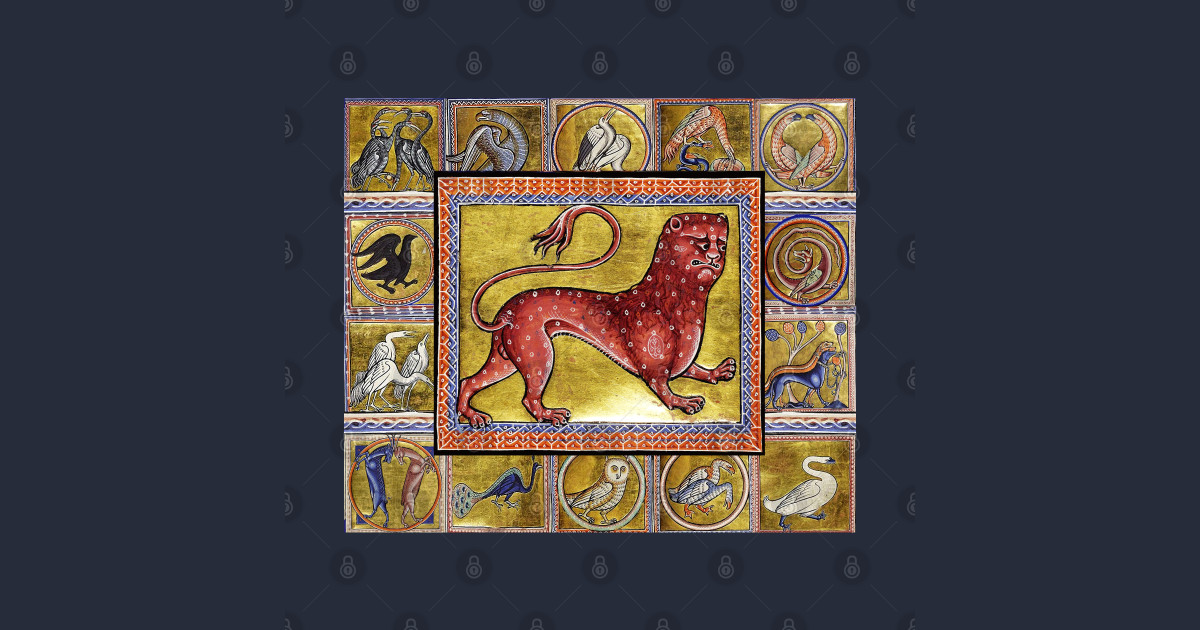 MEDIEVAL BESTIARY,LEOPARD, FANTASTIC ANIMALS IN GOLD RED BLUE COLORS ...