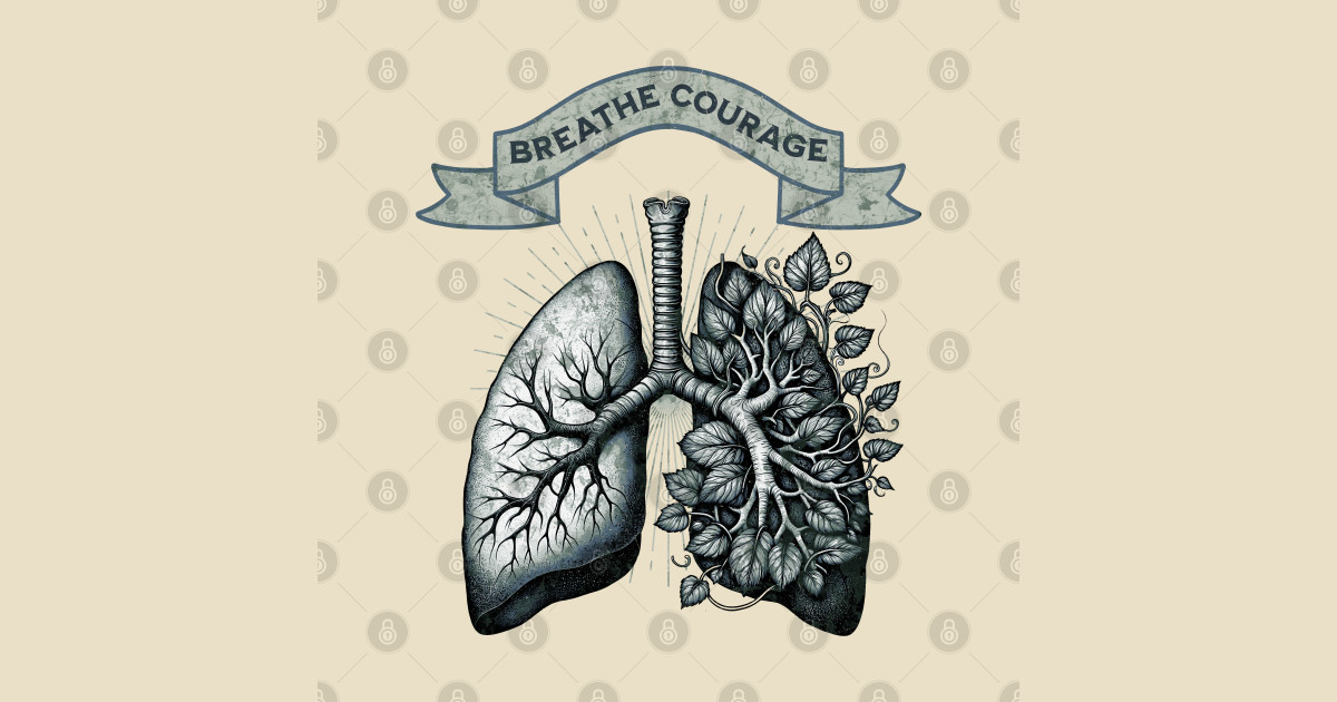 Breathe Courage, blue and green lungs with climbing plant and branches ...
