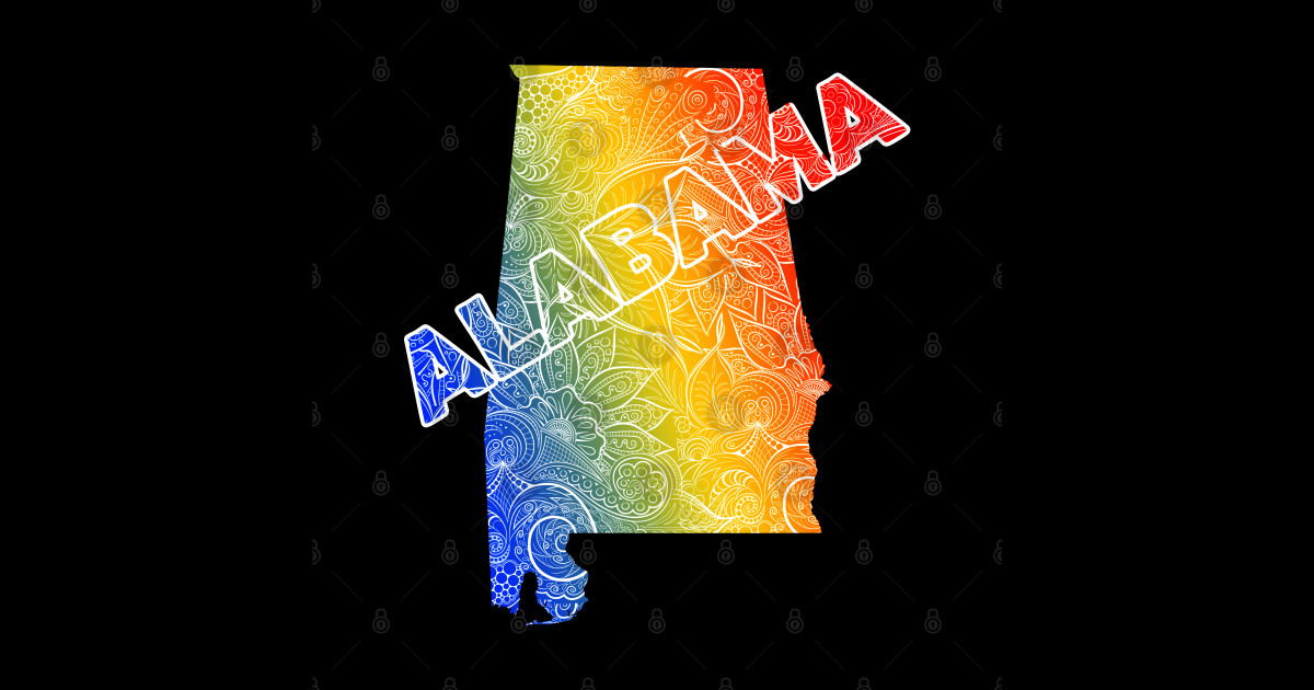 Colorful mandala art map of Alabama with text in blue, yellow, and red ...