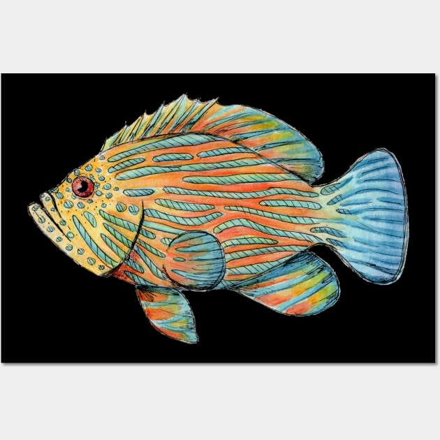 Blue Line Grouper in Watercolor Painting - Grouper - Posters and Art ...