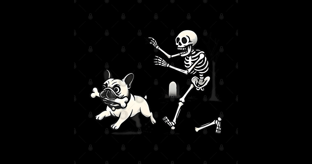 Skeleton Chasing French Bulldog Biting Leg Bone Halloween - Halloween ...