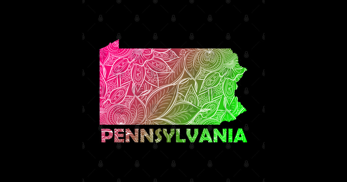 Colorful mandala art map of Pennsylvania with text in pink and green ...