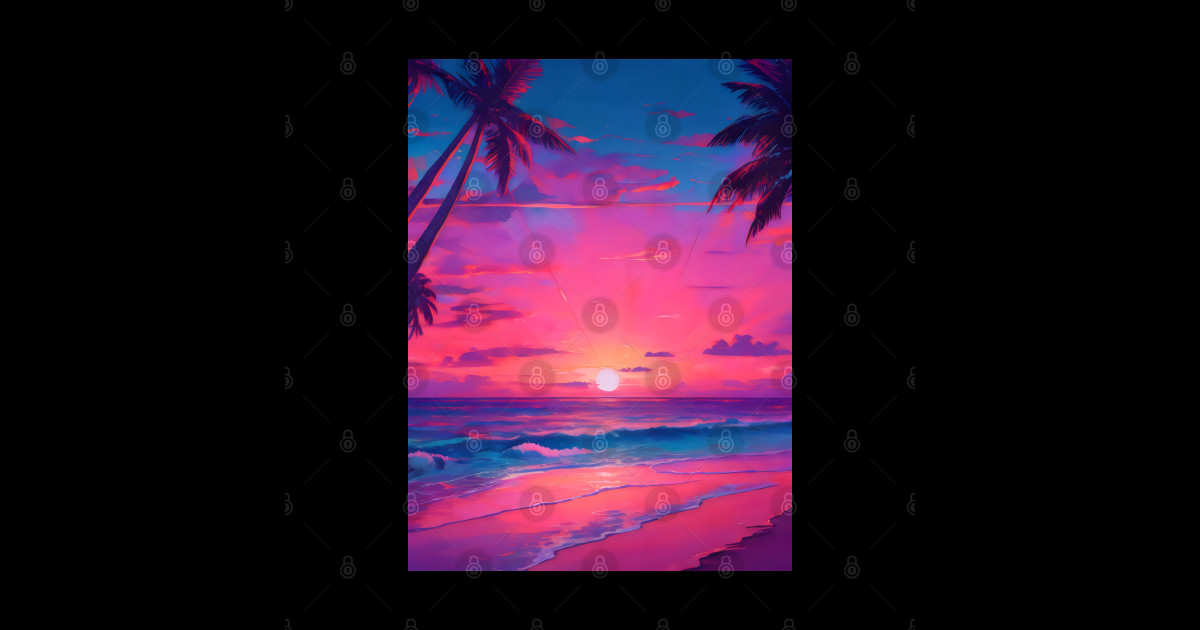 Synthwave beach sunset - Vaporwave Beach - Sticker | TeePublic