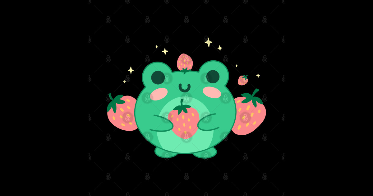 Neon Green Kawaii Frog, Blushing Strawberry, Retro Japanese Aesthetic ...