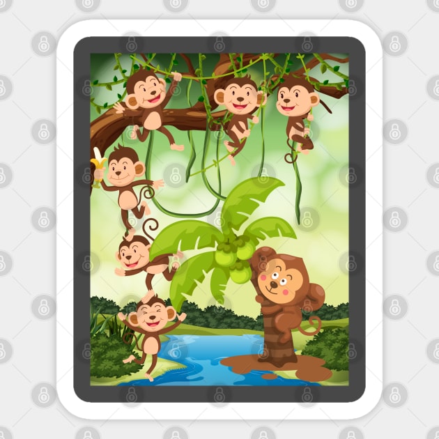 Silly Monkeys in the Jungle - Cartoon Monkeys - Sticker | TeePublic