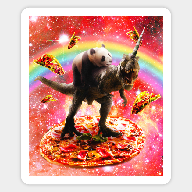 Panda Riding Unicorn Dinosaur on Pizza - T Rex - Sticker | TeePublic