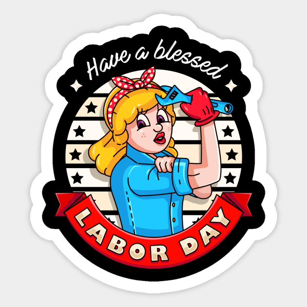 Labor Day. Retro cartoon lady showing off muscles while holding a ...