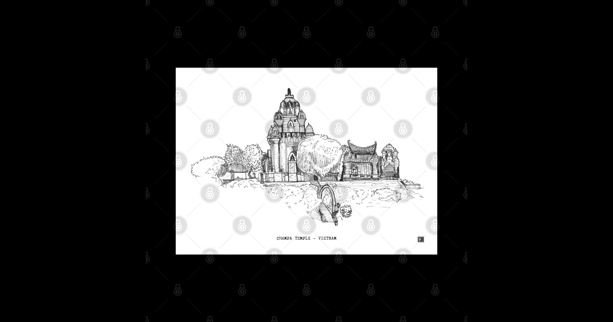 Champa Temple Vietnam Pen and Ink Illustration - Champa - Sticker ...