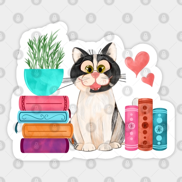 Cute cat and books - Cat And Books - Sticker | TeePublic