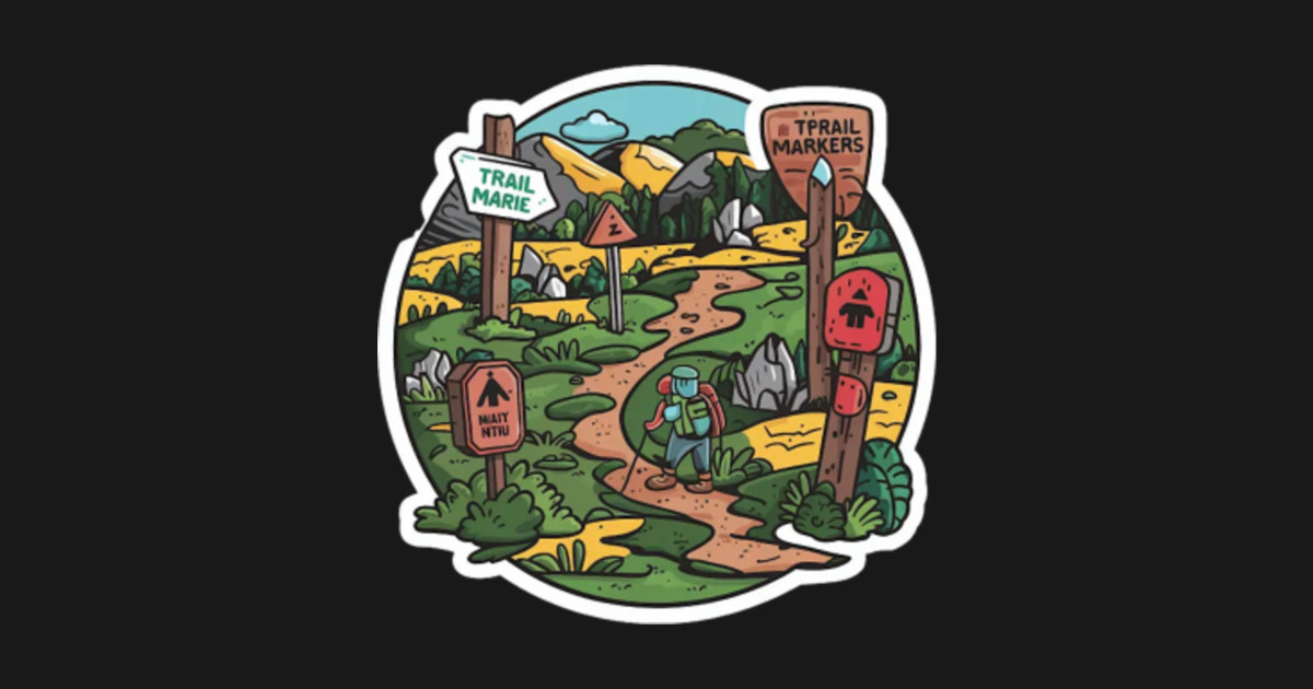 various trail markers, like arrows and signs, guiding a hiker through a ...