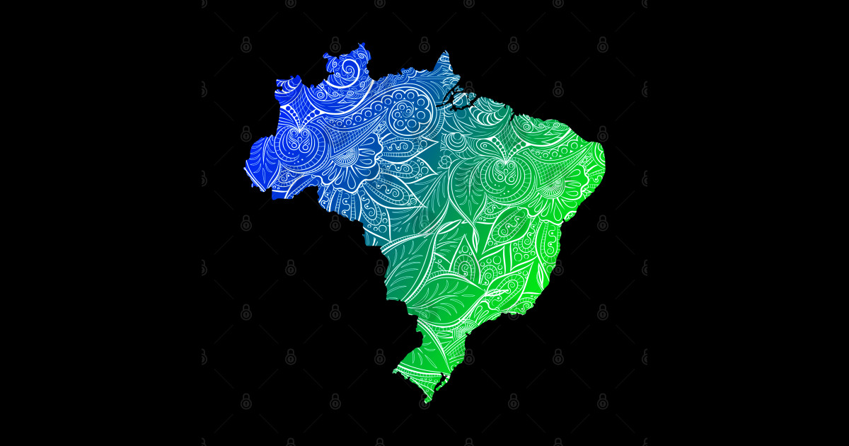 Colorful mandala art map of Brazil with text in blue and green - Brazil ...