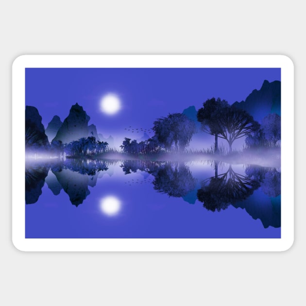 Blue night by the lake - Landscape - Sticker | TeePublic
