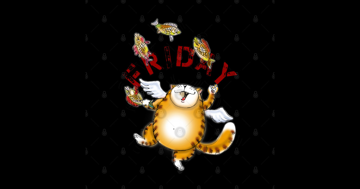 Friday Happy Angel Cat With Fish Meal - Cat - Sticker | TeePublic